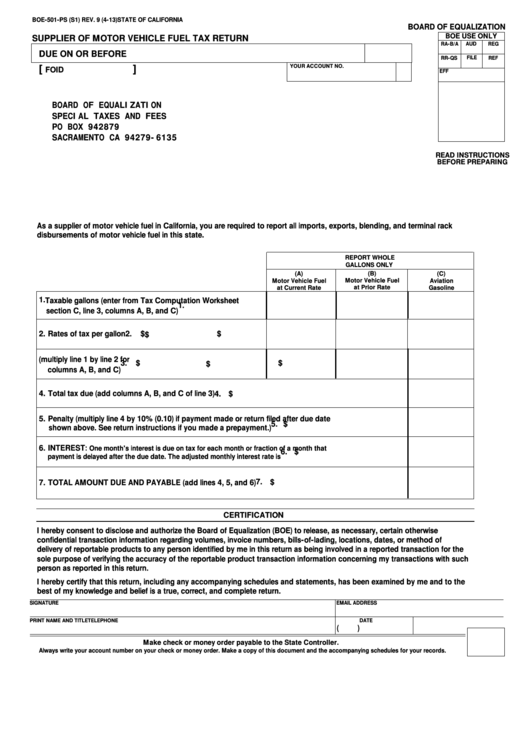 Fillable Form Boe-501-Ps - Supplier Of Motor Vehicle Fuel Tax Return ...