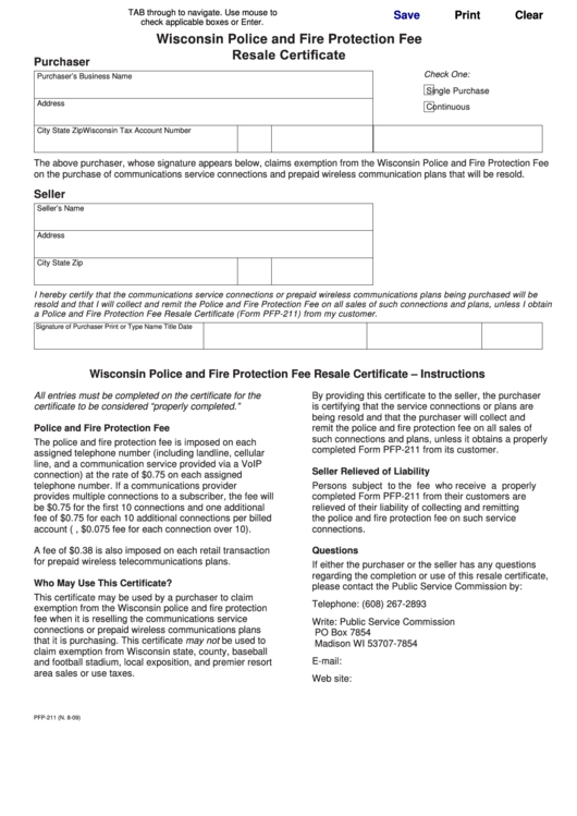 Fillable Form Pfp-211 - Wisconsin Police And Fire Protection Fee Resale ...