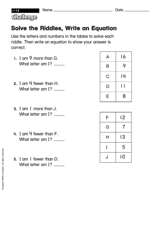 Solve The Riddles Write An Equation Equation Worksheet With Answers