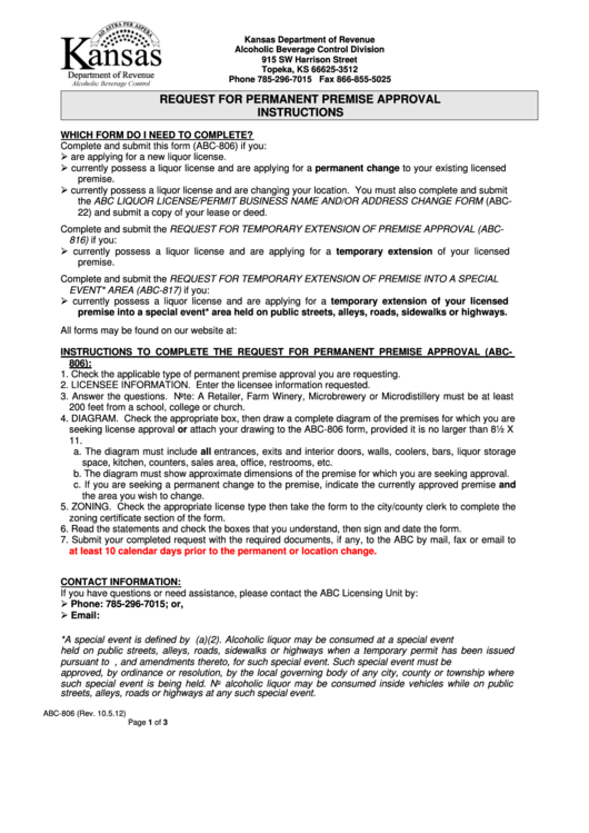 Fillable Form Abc-806 - Request For Permanent Premise Approval ...