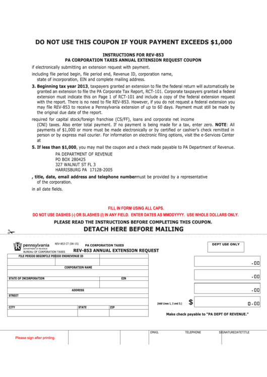 Fillable Form Rev-853 - Pa Corporation Taxes Annual Extension Request ...
