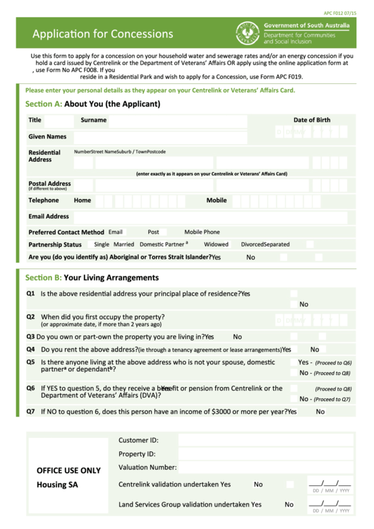 Form Apc F012 - Application For Concessions printable pdf download