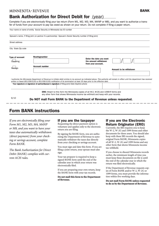 Fillable Form Bank - Bank Authorization For Direct Debit printable pdf download