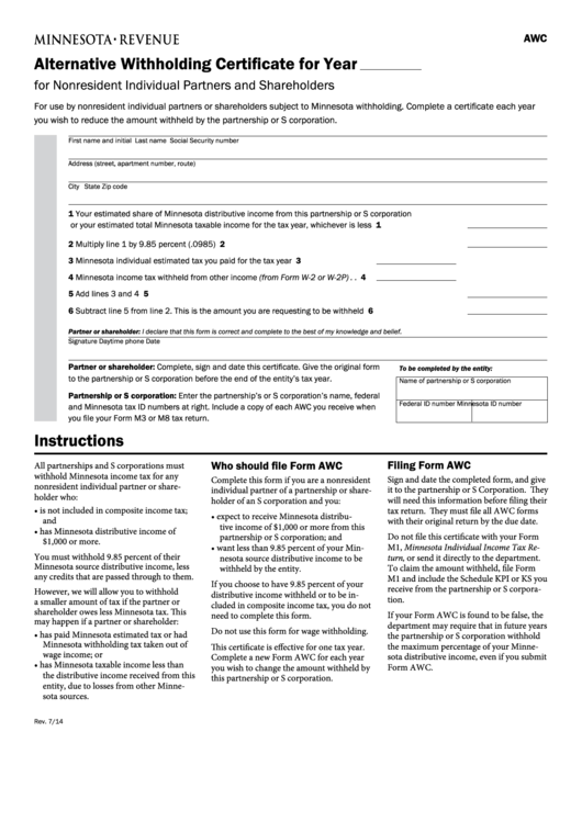 Fillable Form Awc - Alternative Withholding Certificate printable pdf ...