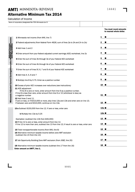 Fillable Schedule Amt - Alternative Minimum Tax - 2014 printable pdf ...