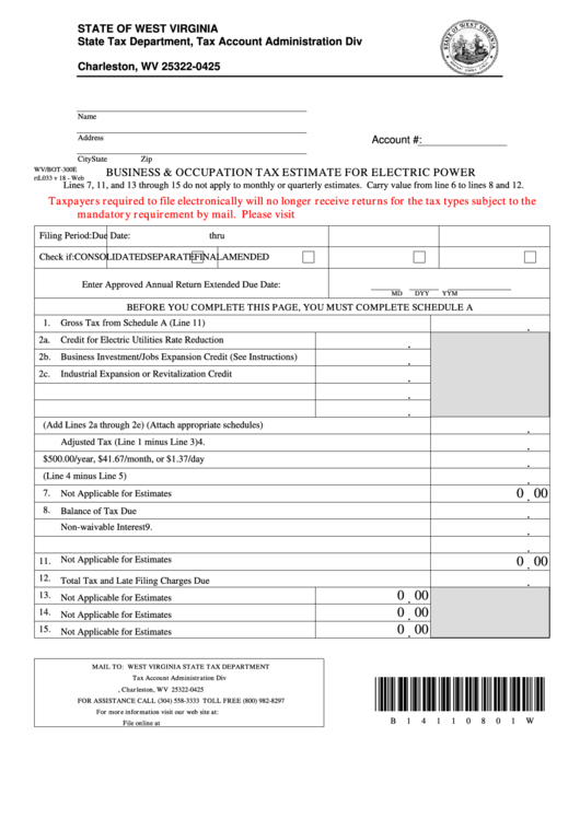 Fillable Form Wv/bot-300e - Business And Occupation Tax Estimate For ...