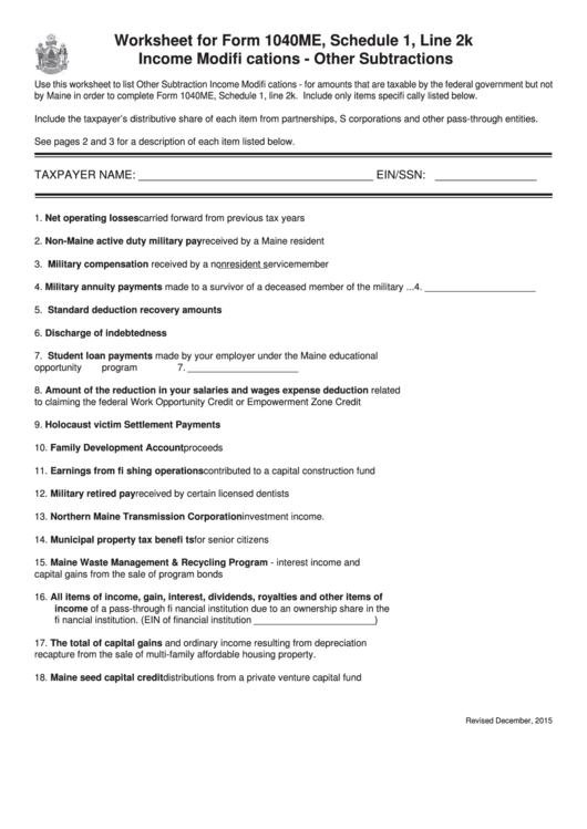 Worksheet For Form 1040me, Schedule 1, Line 2k printable pdf download