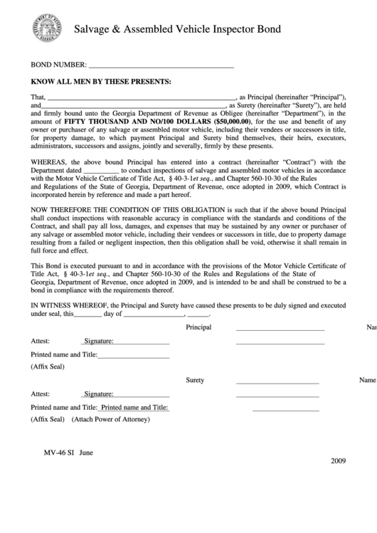 Form Mv-46 Si - Salvage & Assembled Vehicle Inspector Bond printable ...