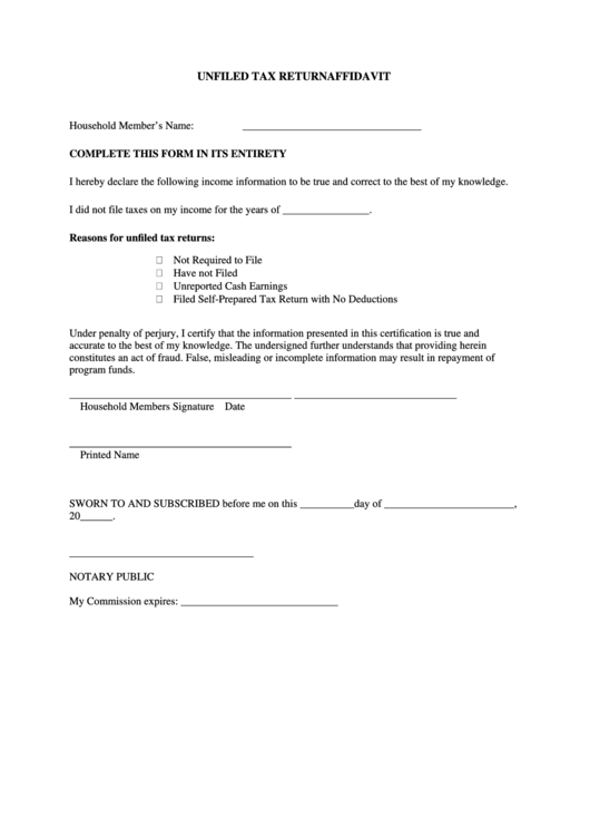 Unfiled Tax Returnaffidavit printable pdf download