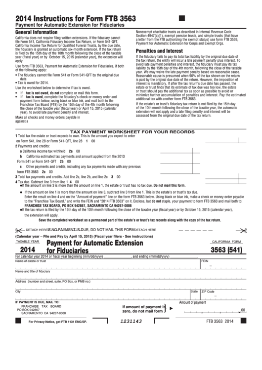 Form 3563 (541) - California Payment For Automatic Extension For ...