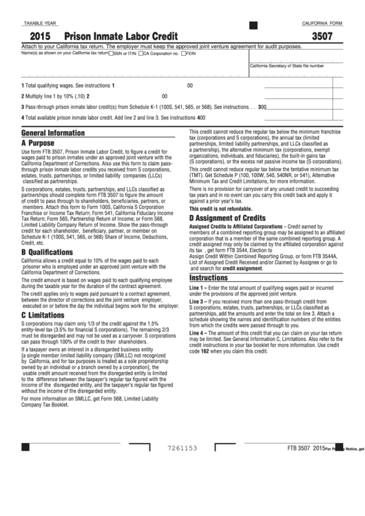 Fillable Form 3507 - California Prison Inmate Labor Credit - 2015 ...