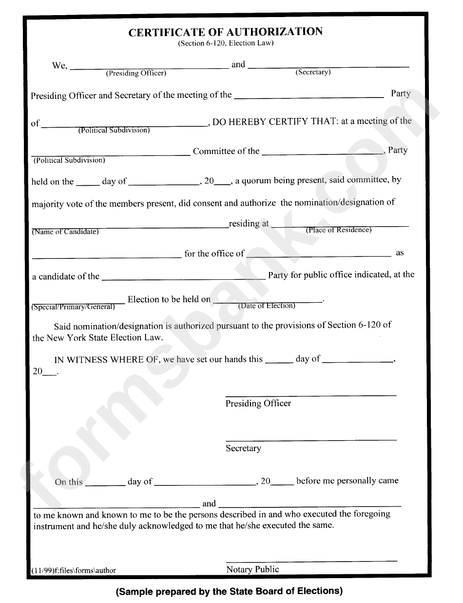 Certificate Of Authorization printable pdf download