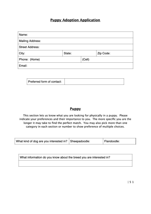 Puppy Adoption Application printable pdf download
