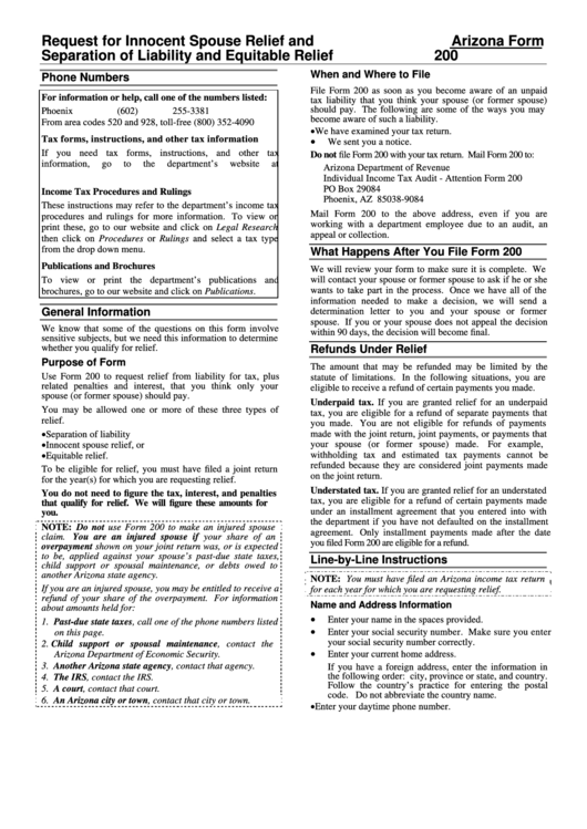 Instructions For Arizona Form 200 - Request For Innocent Spouse Relief ...
