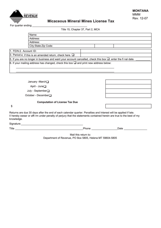 Form Mmm - Micaceous Mineral Mines License Tax printable pdf download