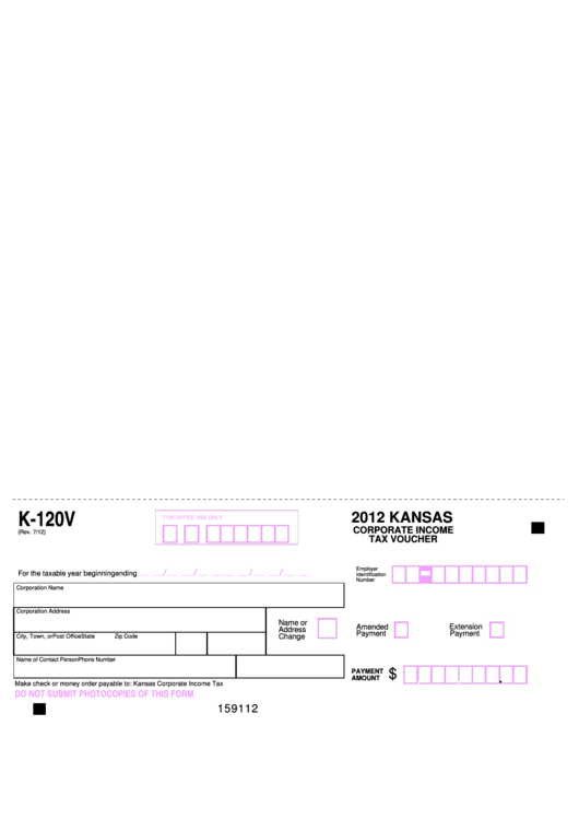 Fillable Form K-120v - Kansas Corporate Income Tax Voucher - 2012 ...