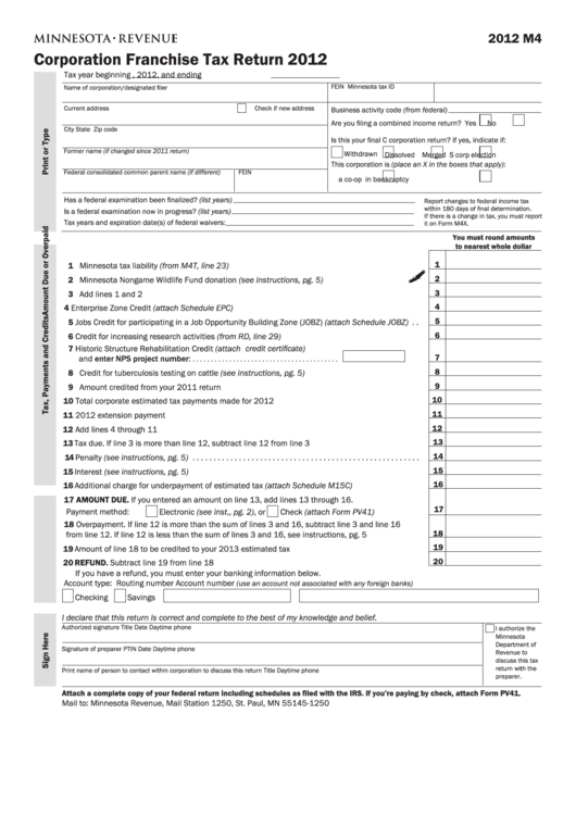 Fillable Form M4 Corporation Franchise Tax Return 2012 Printable