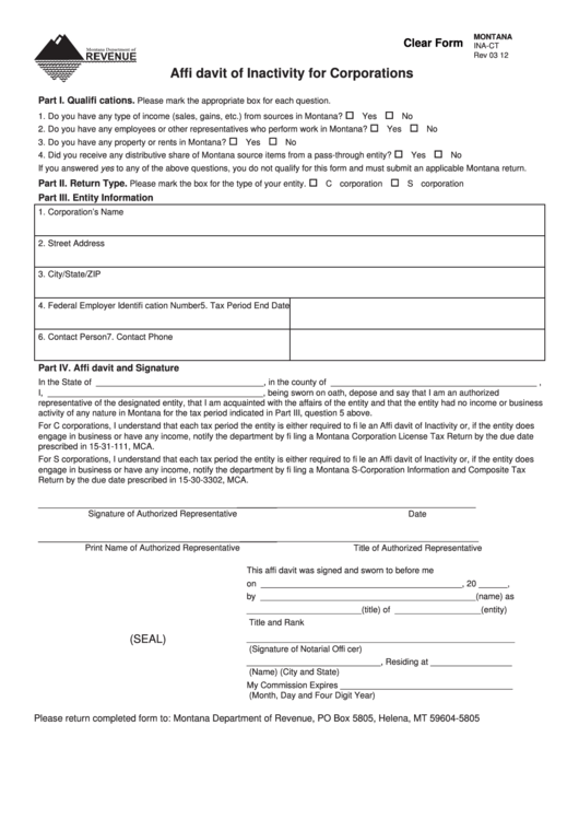 Fillable Form Ina-Ct - Affidavit Of Inactivity For Corporations ...