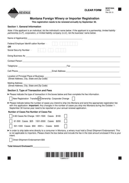 Fillable Form Fwir - Montana Foreign Winery Or Importer Registration ...