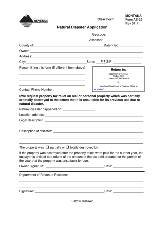 Fillable Form Ab-25 - Natural Disaster Application printable pdf download