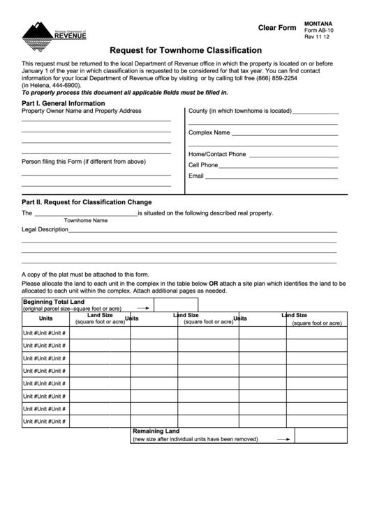 Fillable Montana Form Ab-10 - Request For Townhome Classification ...