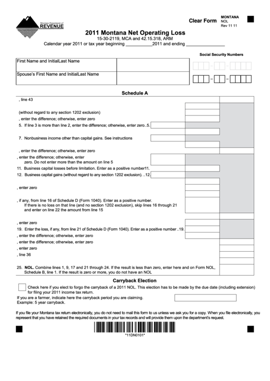 Fillable Form Nol - Montana Net Operating Loss - 2011 printable pdf ...