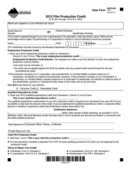 Fillable Form Fpc - Film Production Credit - 2012 printable pdf download