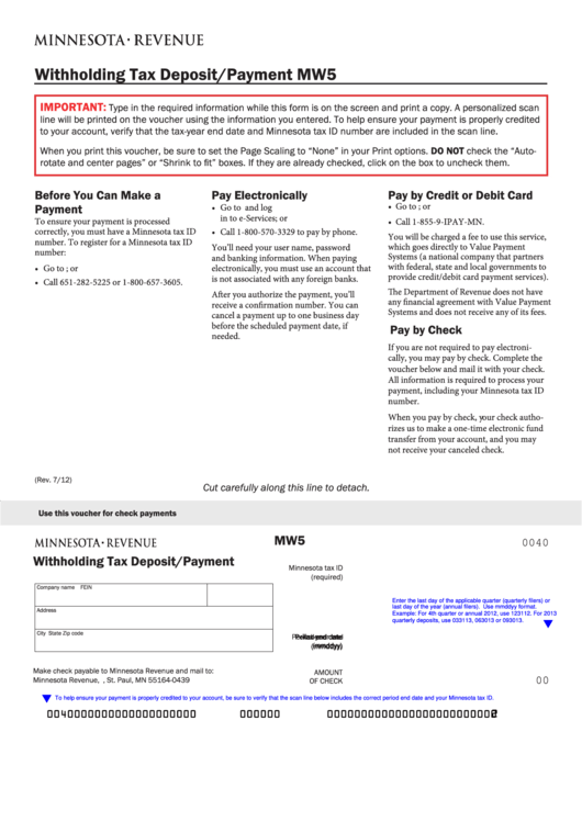 Fillable Form Mw5 - Withholding Tax Deposit/payment printable pdf download