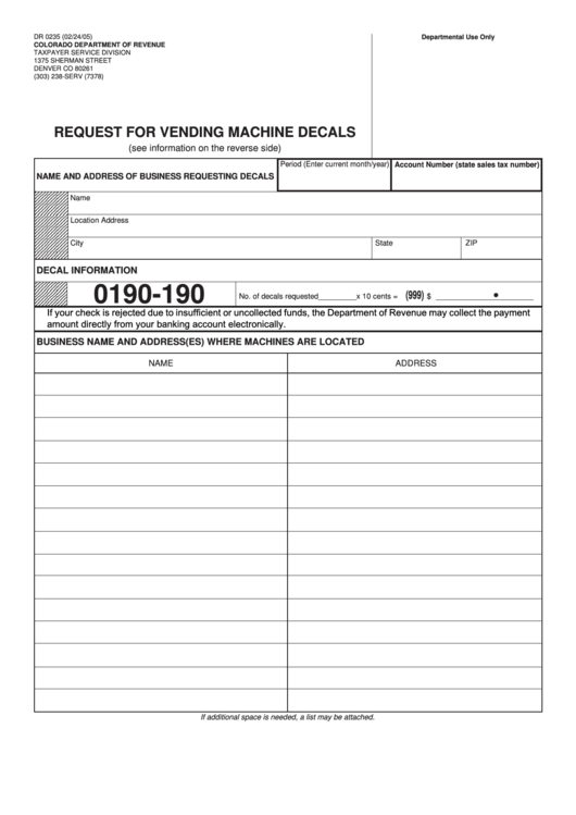Fillable Form Dr 0235 - Request For Vending Machine Decals printable ...