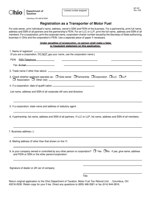 Fillable Form Mf 207 - Registration As A Transporter Of Motor Fuel ...
