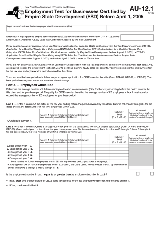 Fillable Form Au-12.1 - Employment Test For Businesses Certified By ...