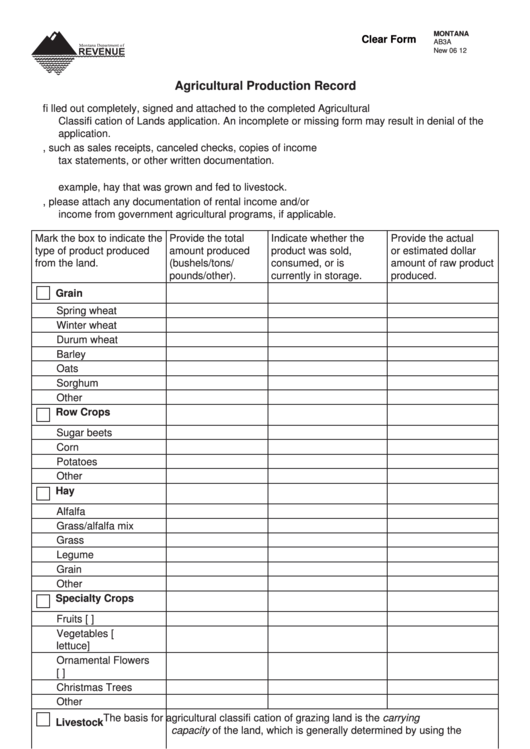Fillable Form Ab3a - Agricultural Production Record printable pdf download