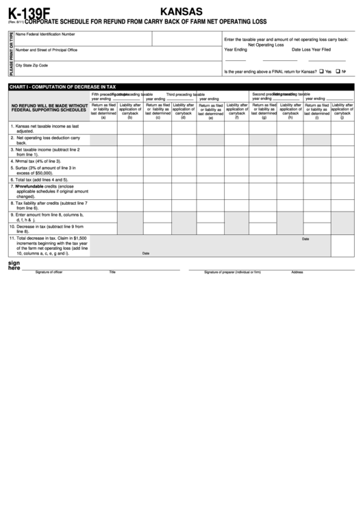 Form K-139f - Kansas Corporate Schedule For Refund From Carry Back Of ...