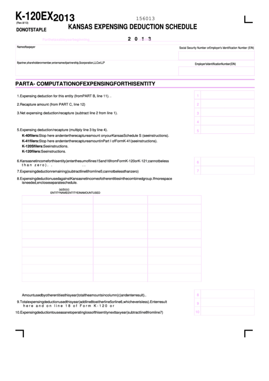 Fillable Form K-120ex - Kansas Expensing Deduction Schedule - 2013 ...