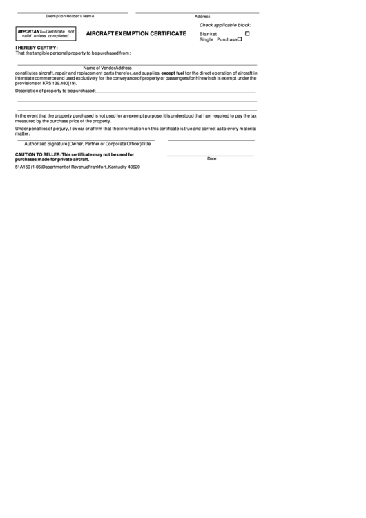Form 51a150 - Aircraft Exemption Certificate printable pdf download