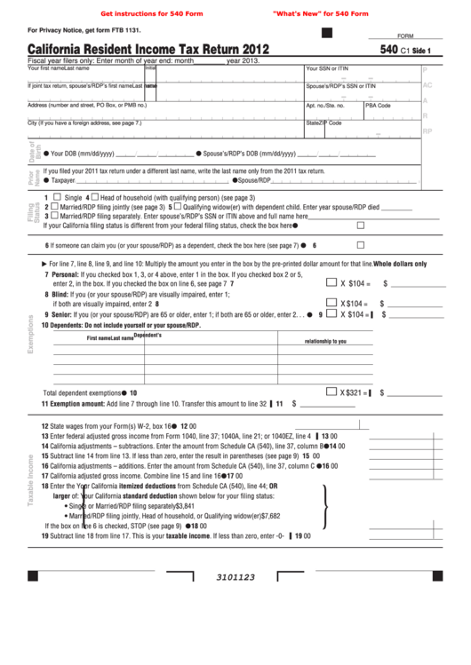 Fillable Form 540 C1 California Resident Income Tax Return 2012