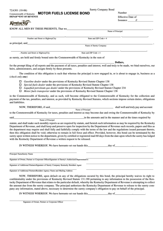 Form 72a301 - Motor Fuels License Bond printable pdf download
