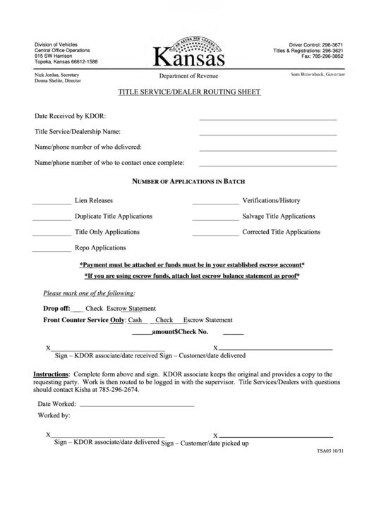 Fillable Form Tsa03 - Title Service/dealer Routing Sheet printable pdf ...