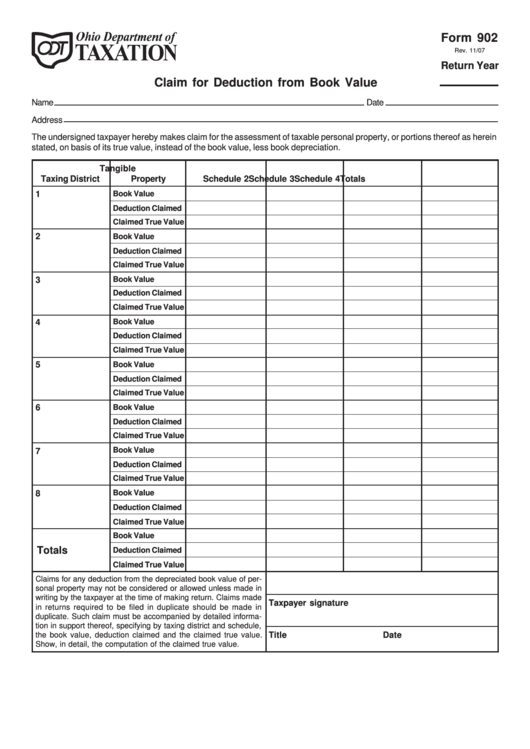 Fillable Form 902 - Claim For Deduction From Book Value printable pdf ...