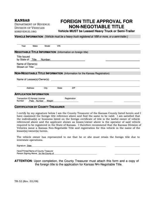 Fillable Form Tr-52 - Foreign Title Approval For Non-Negotiable Title ...
