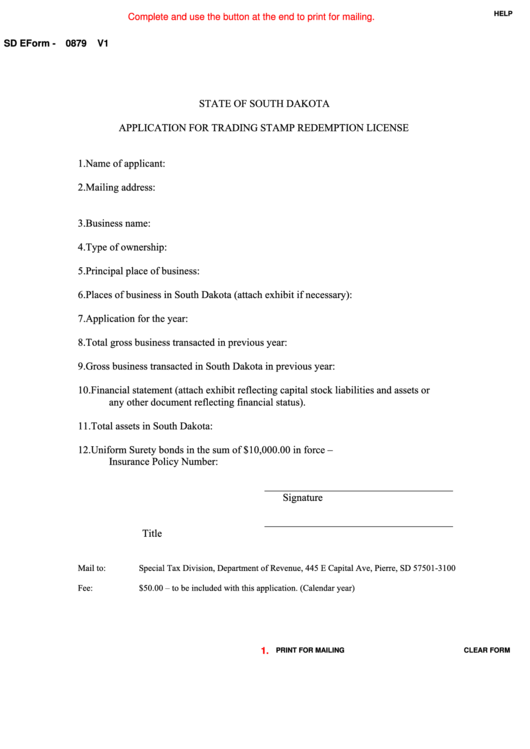 Fillable Sd Eform-0879 V1 - Application For Trading Stamp Redemption ...