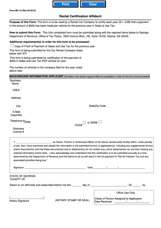Fillable Form Mv-15 - Rental Certification Affidavit printable pdf download