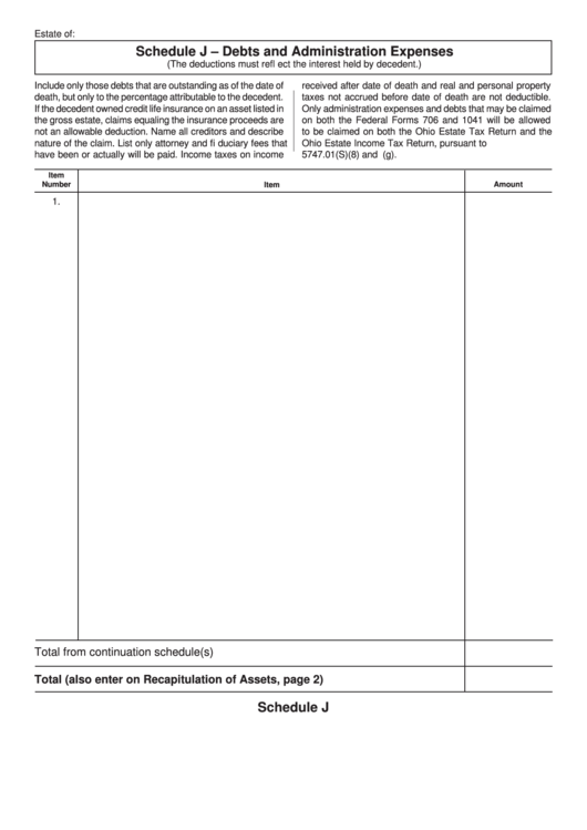 Fillable Schedule J - Debts And Administration Expenses printable pdf ...