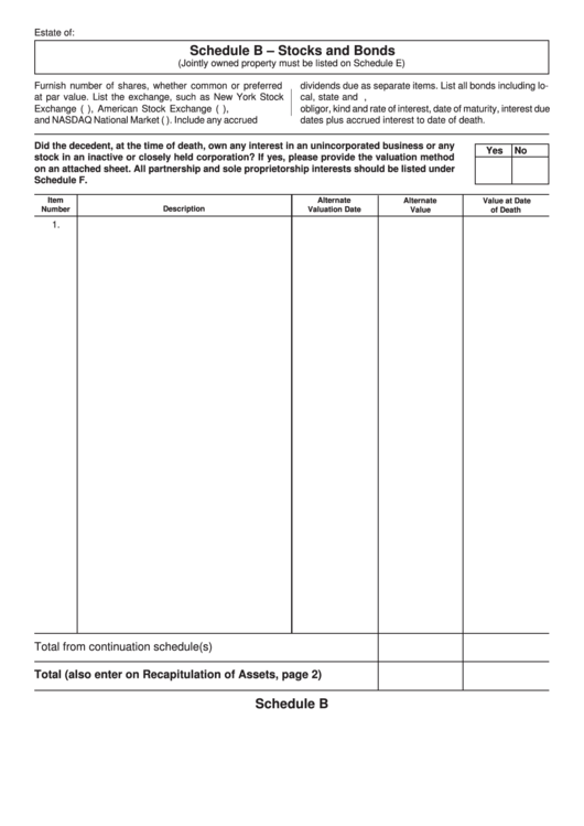 Fillable Schedule B - Stocks And Bonds printable pdf download