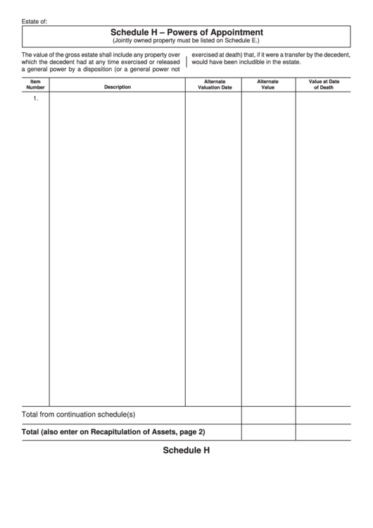 Fillable Schedule H - Powers Of Appointment printable pdf download