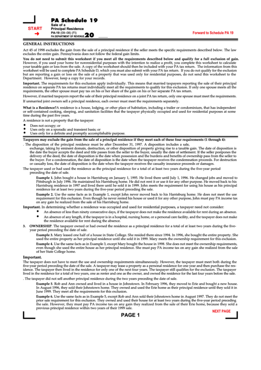 Fillable Pa Schedule 19 - Principal Residence printable pdf download