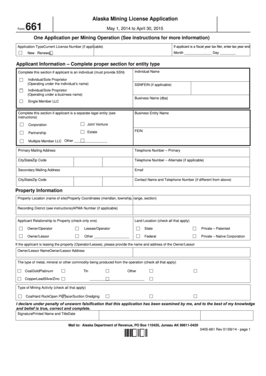 Form 661 - Alaska Mining License Application printable pdf download
