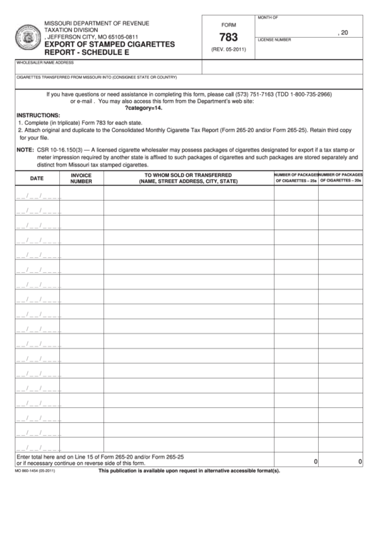 Fillable Form 783 - Export Of Stamped Cigarettes Report - Schedule E ...