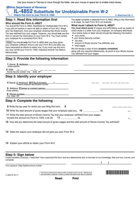 Fillable Form Il 4852 Substitute For Unobtainable Form W 2 Printable