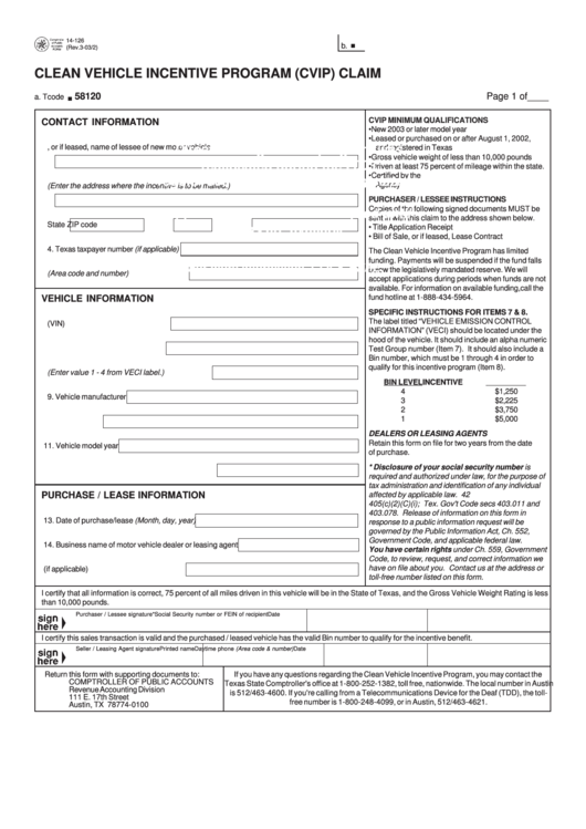 Fillable Form 14-126 - Clean Vehicle Incentive Program (Cvip) Claim ...